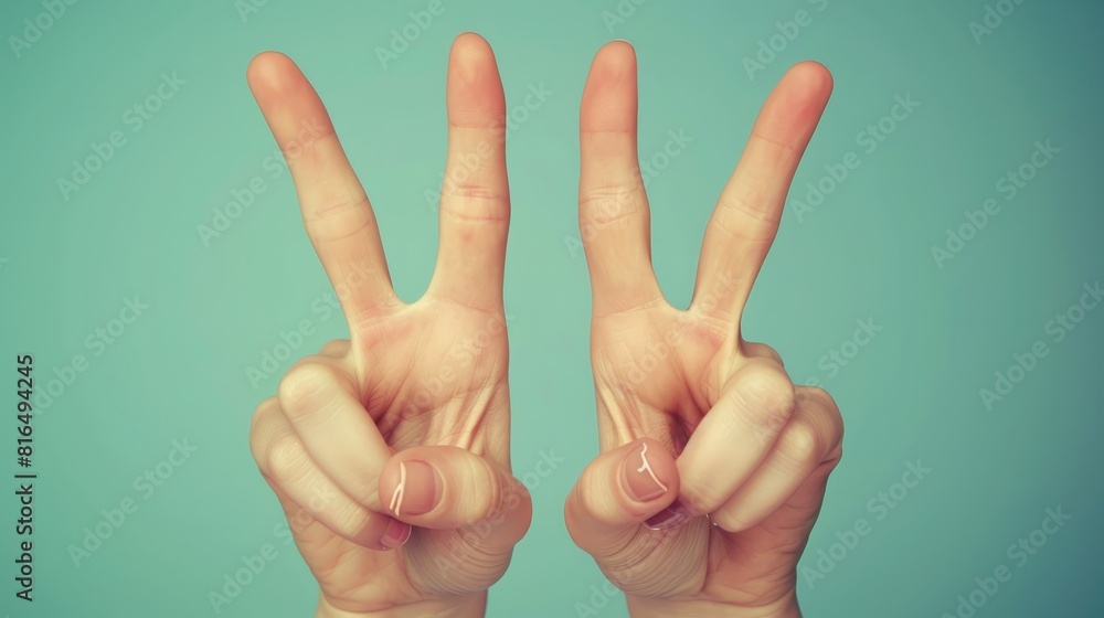 Person makes peace sign before teal backdrop with blue sky behind Stock ...