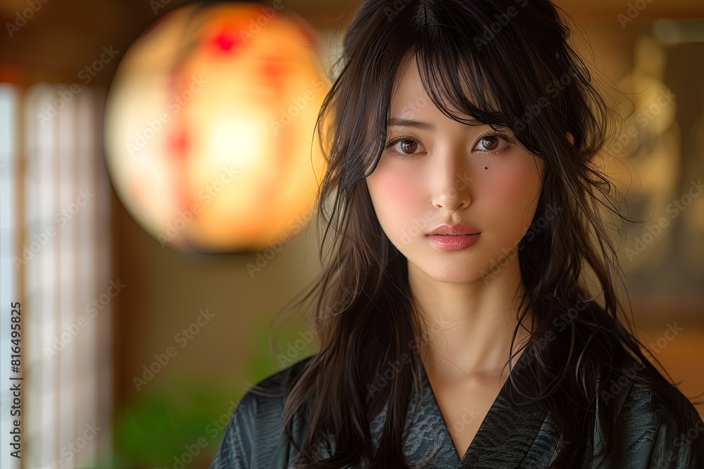 Symmetrical Japanese Woman: Dark-Haired in Robe with Backlit Tattoo ...