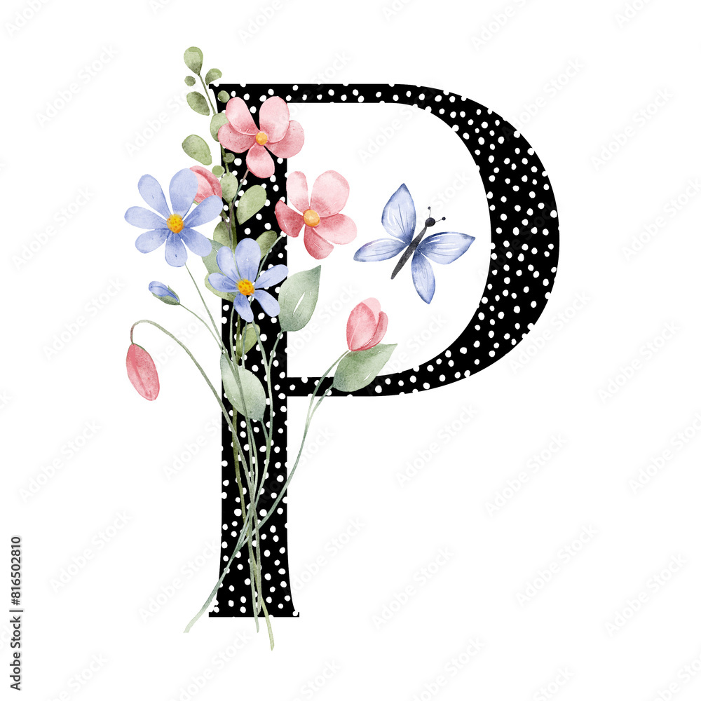 Letter P, floral monogram with watercolor wild flowers and leaf ...