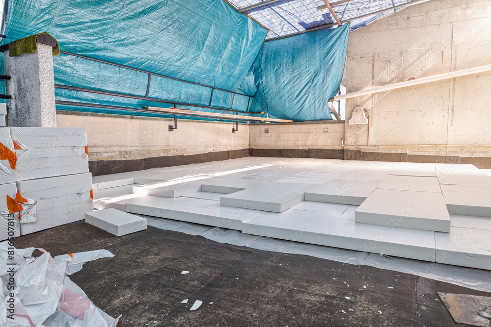 Styrofoam insulation sheets on house terrace with roof function for ...