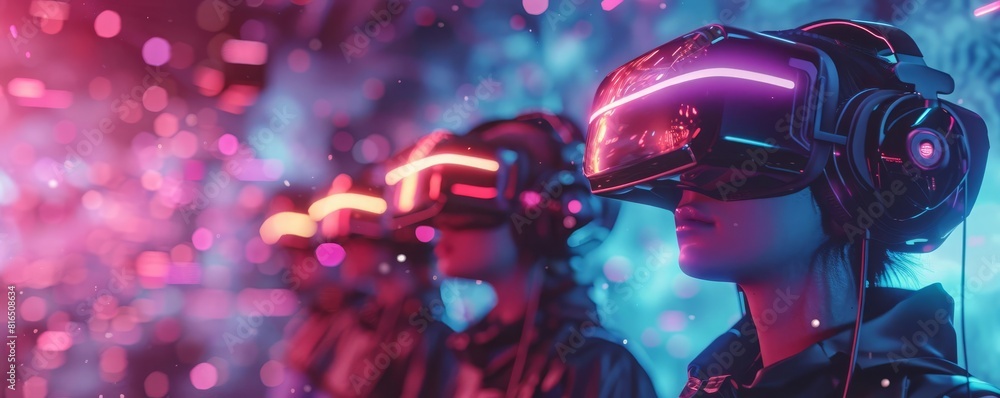Graduates in VR headsets exploring virtual reality worlds, digital ...