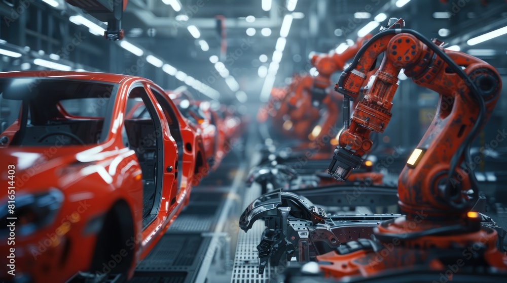 Foto de Car production line with robot arms in a car factory, a photo ...