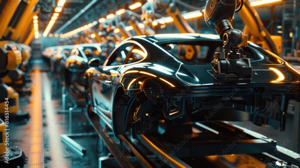 Car production line with robot arms in a car factory, a photo of a ...