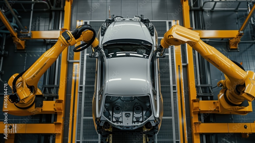 Top view, Car production line with robot arms in a car factory, photo ...