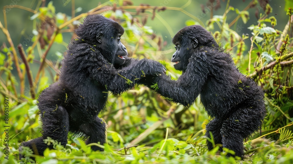 Enthralling moment captured as two juvenile mountain gorillas engage in a friendly game of 'king ...