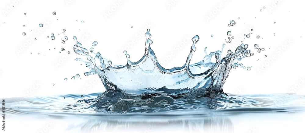 Splashing drops of clear water liquid on plain white background. blue ...