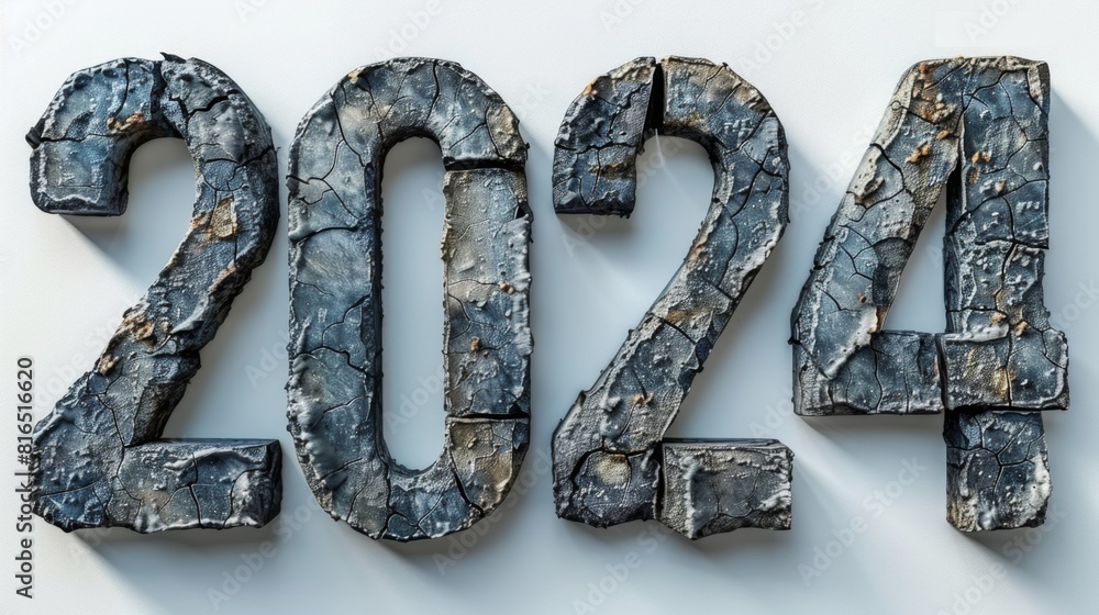 Cracked Concrete Textured 3D Numerals "2024" on Stark White Background ...