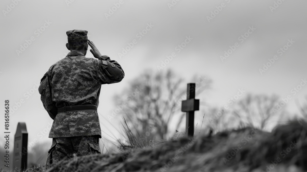 Memorial Day : A black and white photo of a soldier saluting the grave ...