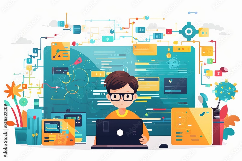 Coding for kids flat design front view playful programming theme cartoon drawing Triadic Color ...