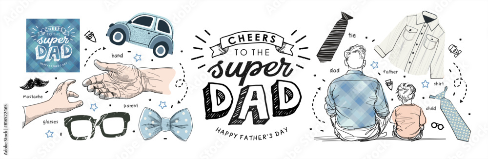 Happy Father's Day. Line art. Vector minimalistic cute illustrations of ...