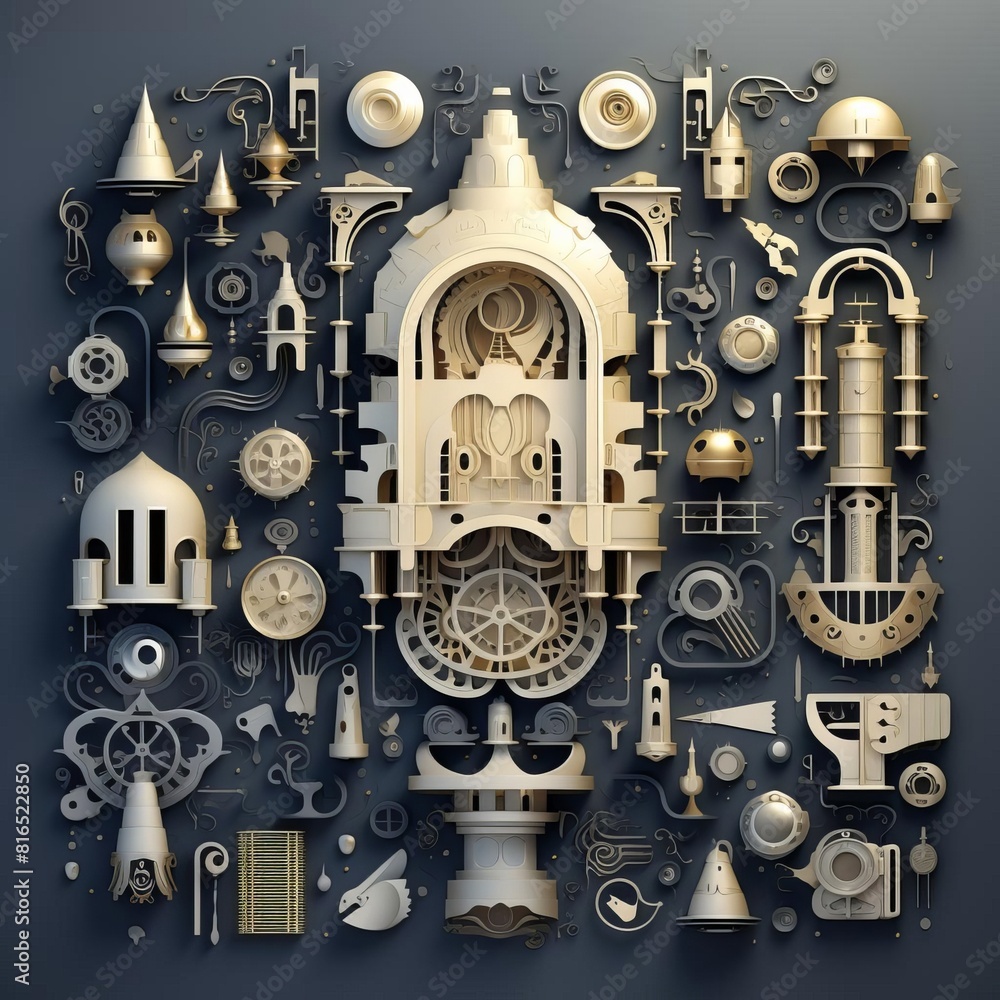 Enchanted relics flat design top view magical artifacts theme 3D render ...