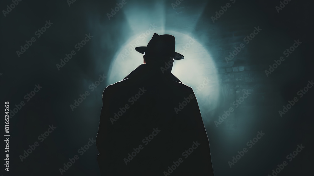 A dark silhouette of a male detective in a coat and hat in the noir ...