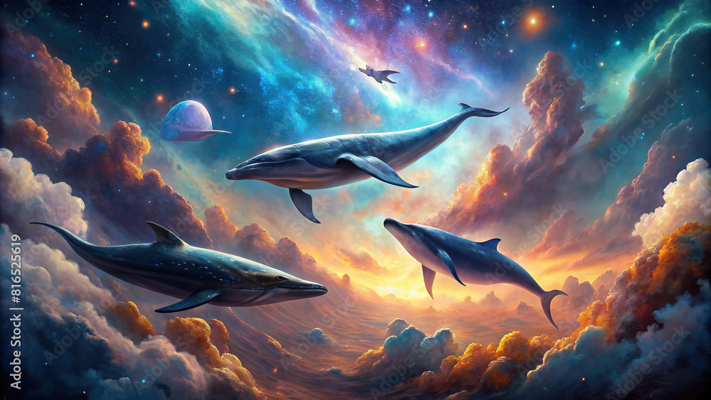 A surreal scene depicting a pod of space whales swimming amidst nebula ...