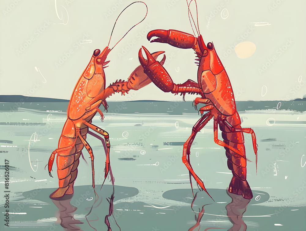 Vibrant Red and Orange Lobsters Engaged in Playful Combat Against ...