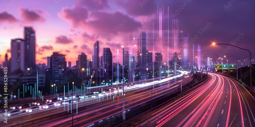 Nighttime highway photo with heavy traffic and data analysis charts ...