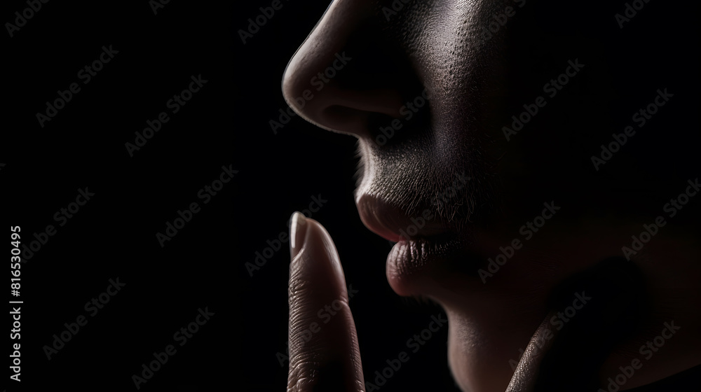 Silhouette of unknown woman with the face in the shadow holding finger ...