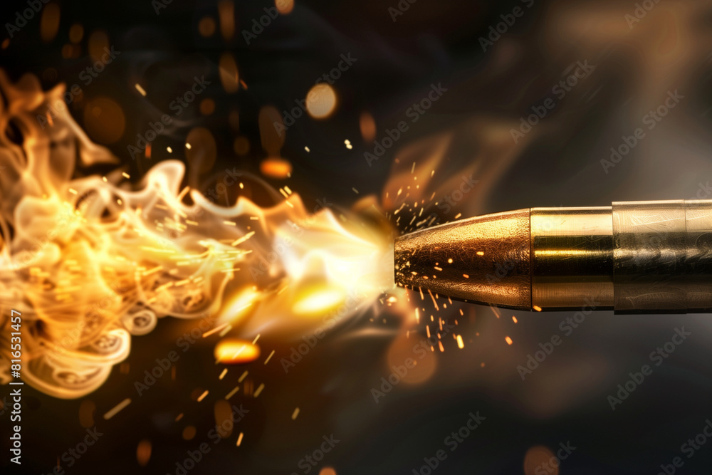 A bullet is shot out of a gun and is on top of a stack of money ...