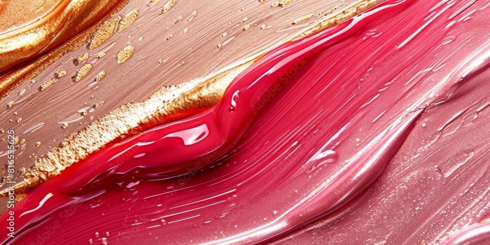 Pink red gold lip gloss texture composition on white background ...