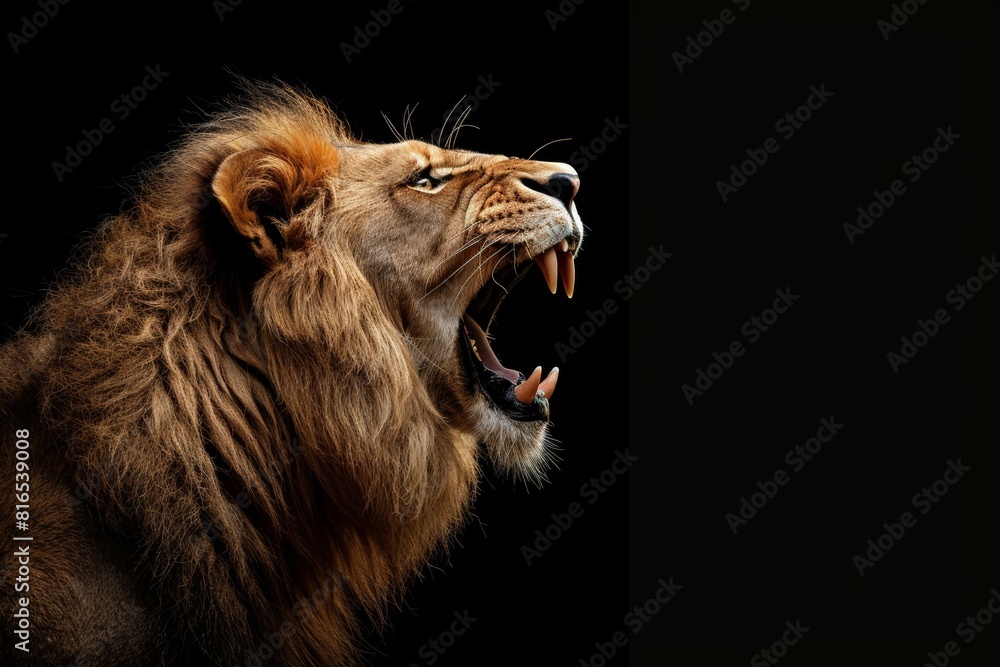 side view of angry roaring lion with dark background. Stock ...