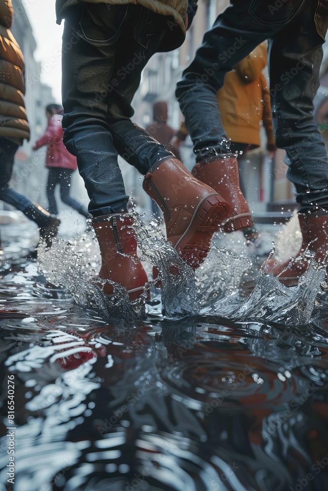ภาพประกอบสต็อก Side view of a line of children kicking through a large ...