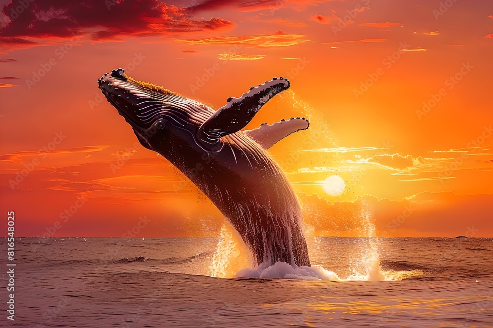 Majestic humpback whale breaching at sunset. Ocean life showcasing ...