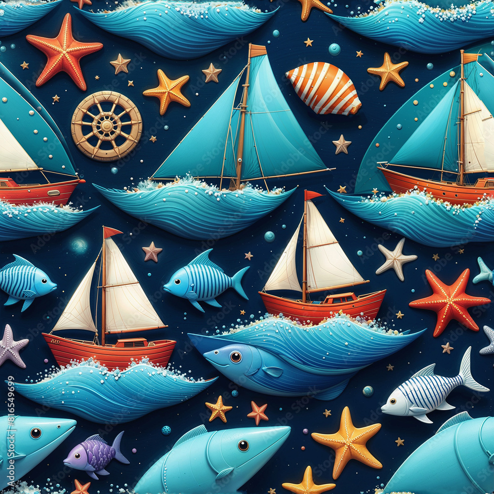 seamless pattern of underwater ocean and marine life with cute lofty 3d ...