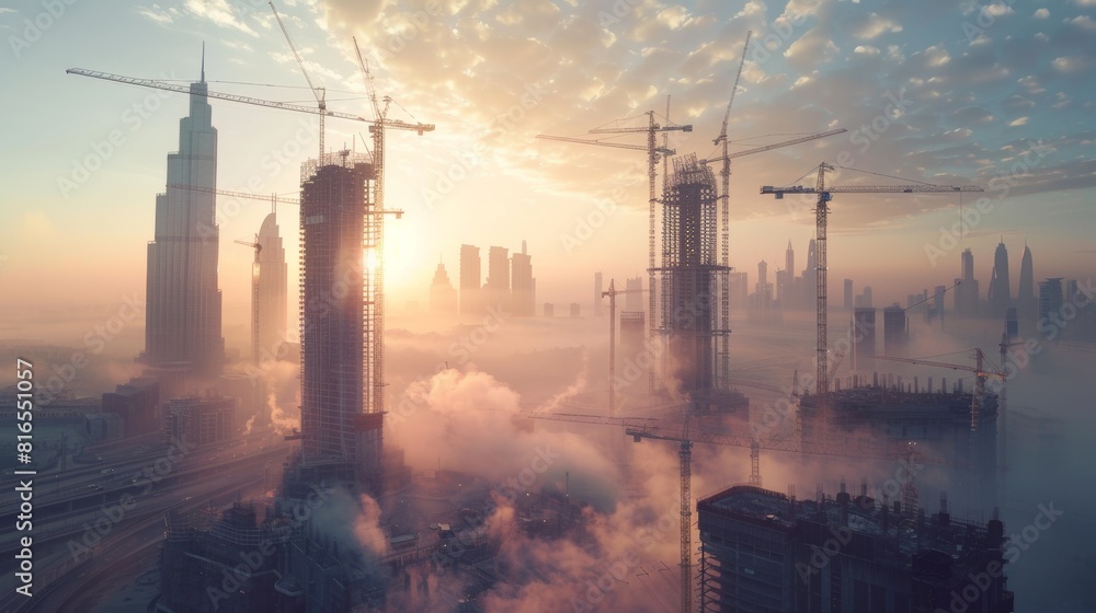 A cinematic construction site with towering cranes and bustling workers ...