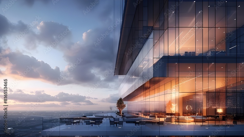 Skyscraper reflecting the sunset over the sea background. 3d rendering ...