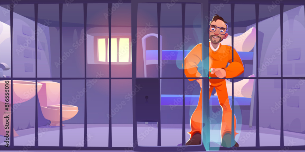 Prisoner try escape from jail cell illustration. Criminal person in ...