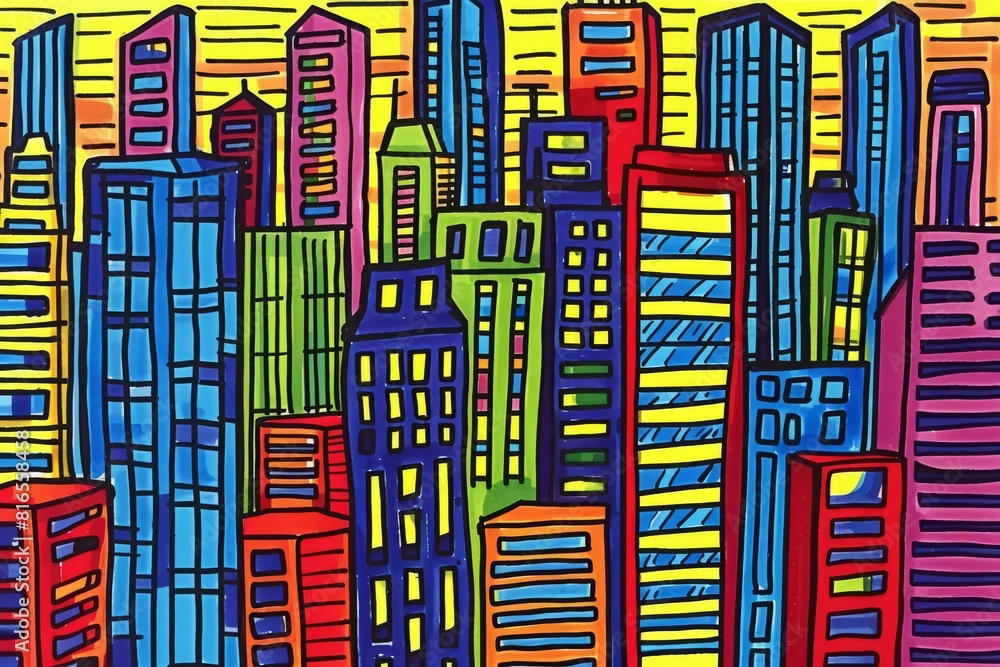 Cartoon cute doodles of a pop art-style cityscape with skyscrapers in ...