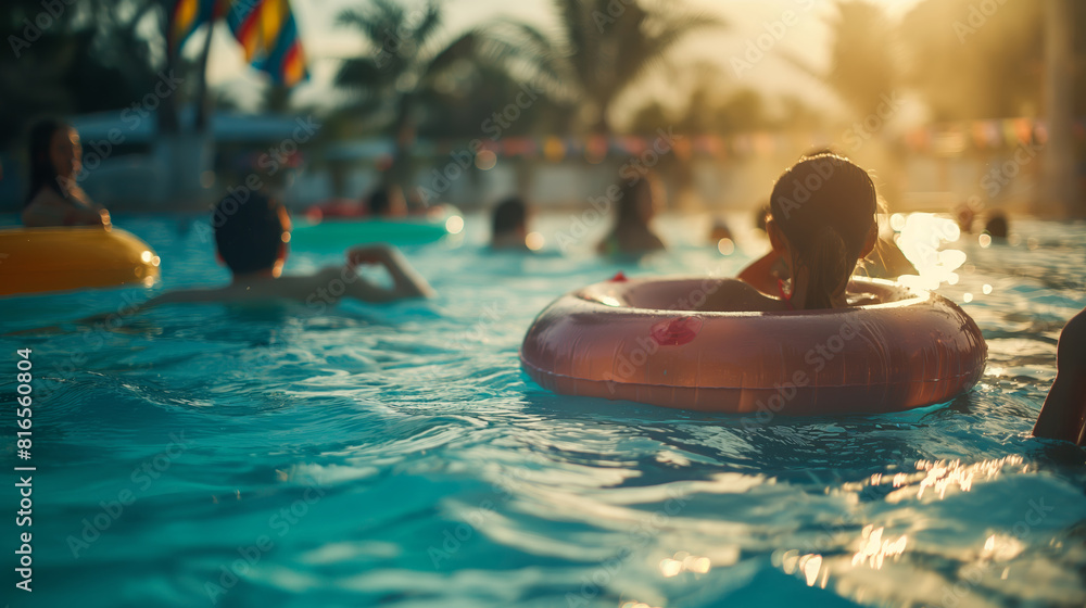Happy young people having fun playing together in the swimming pool at ...