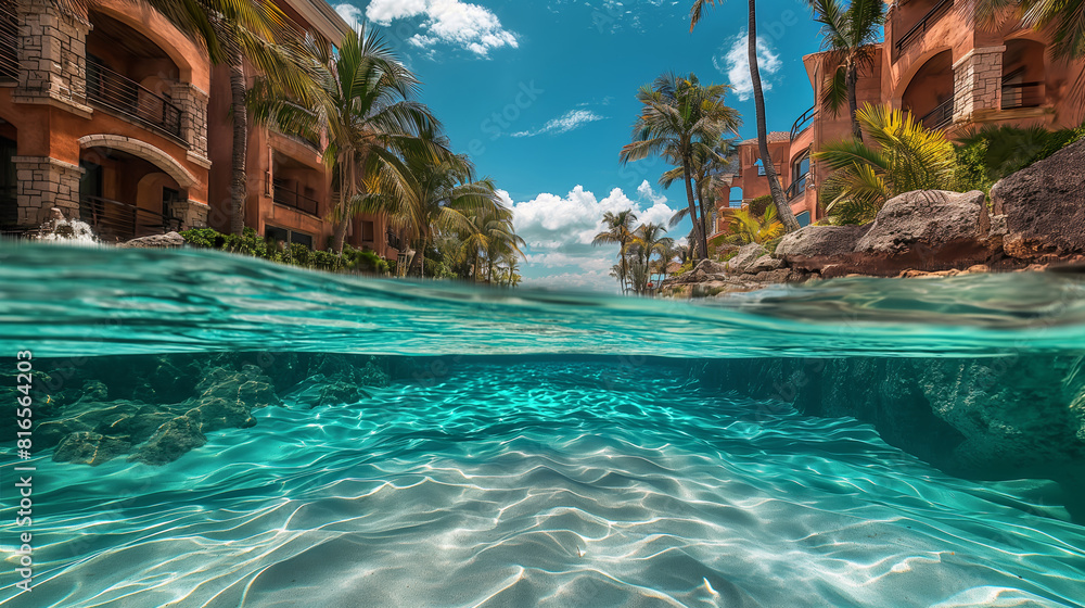 Half underwater photography of a tropical and exotic summer vacation ...