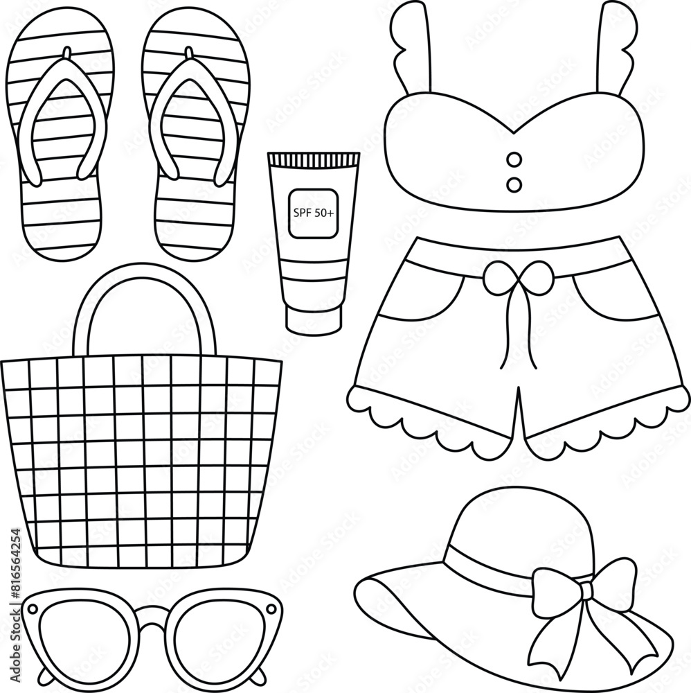 Set of fashion summer outline doodle coloring page isolated on white ...