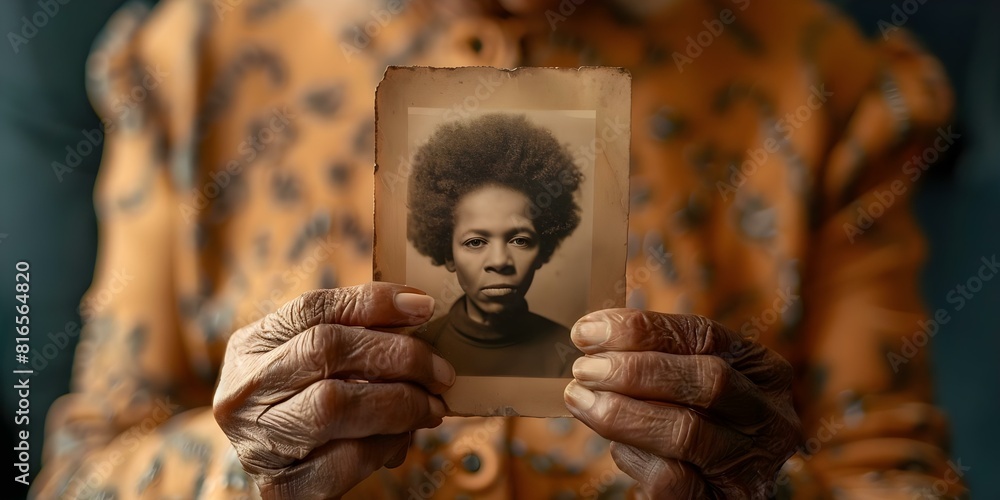 Elderly African American woman holding a vintage photo of her younger ...