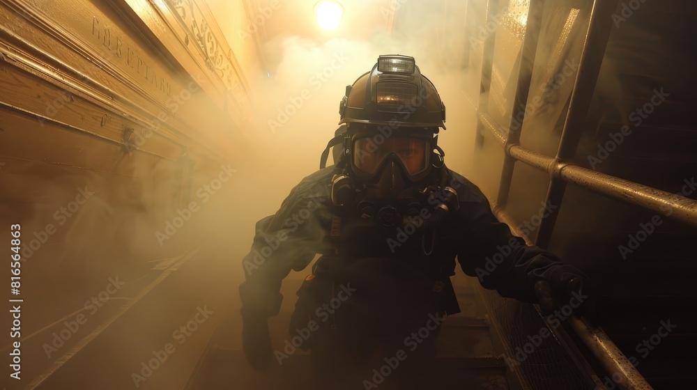 Firefighter in smoke-filled hallway wearing breathing apparatus during ...