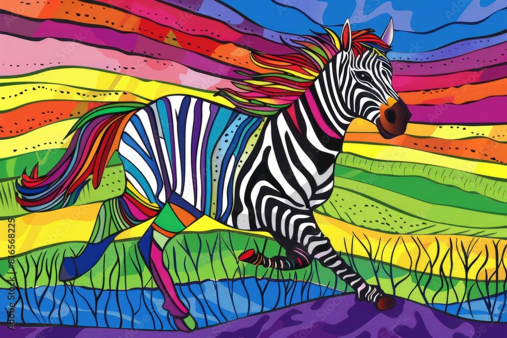 Cartoon cute doodles of a zebra with rainbow stripes prancing across a ...