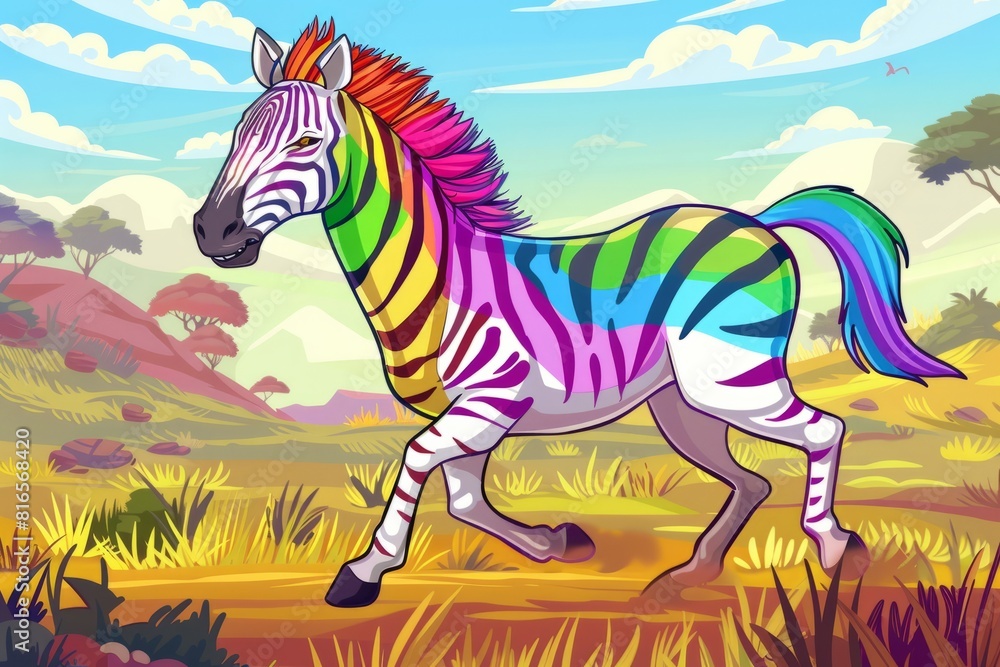Cartoon cute doodles of a zebra with rainbow stripes prancing across a ...
