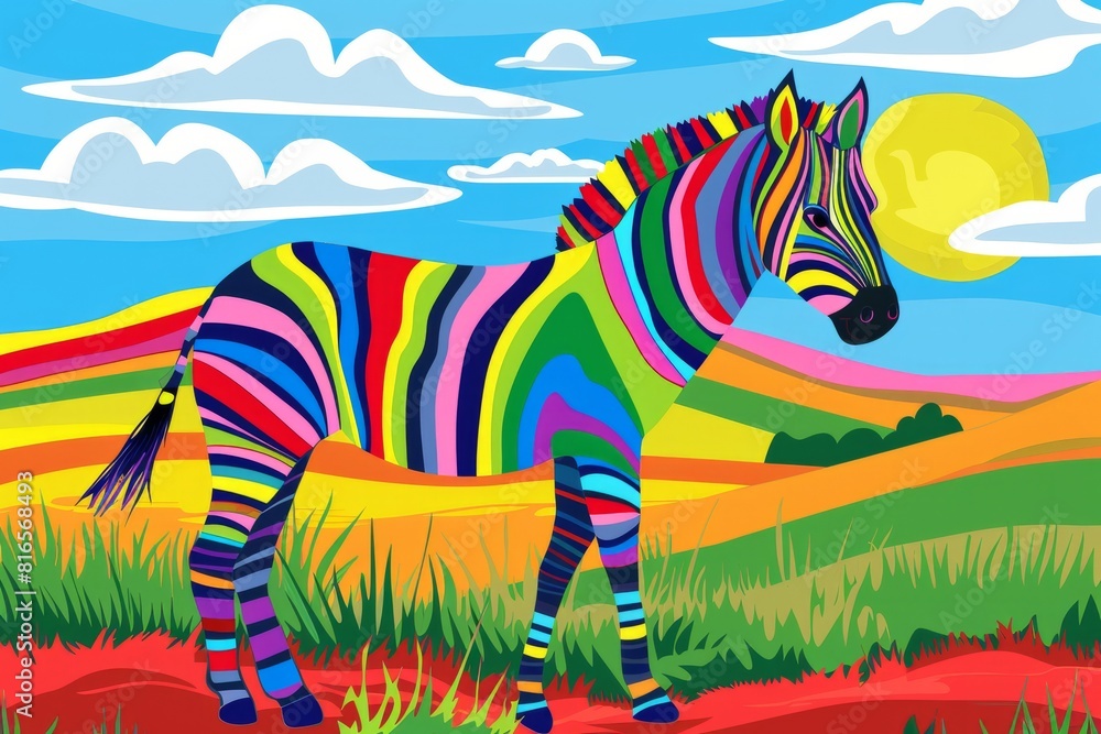 Cartoon cute doodles of a zebra with rainbow stripes prancing across a ...