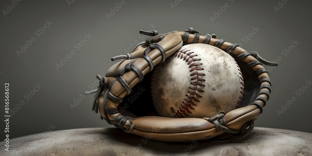 Vintage baseball background with old ball in leather glove on dark ...