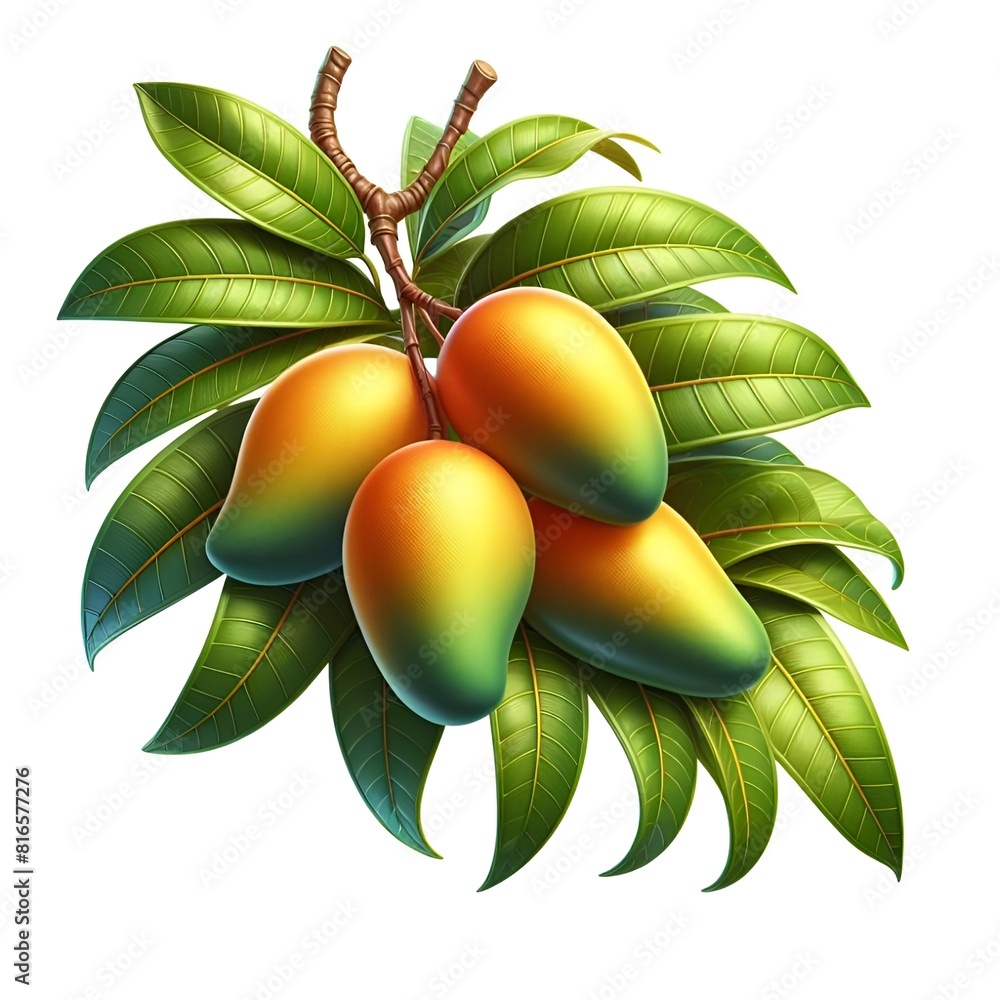 Mangoes, mango plant branch, Unripe Green Mangoes grows on Hanging Down ...