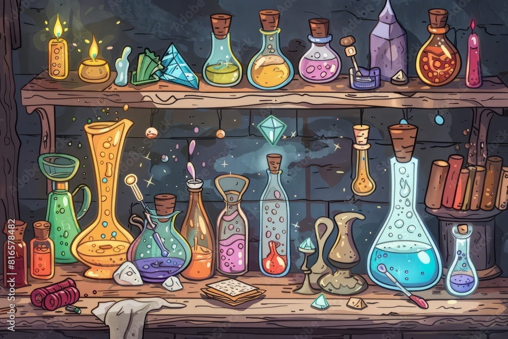Cartoon cute doodles of a friendly alchemist's workshop filled with ...