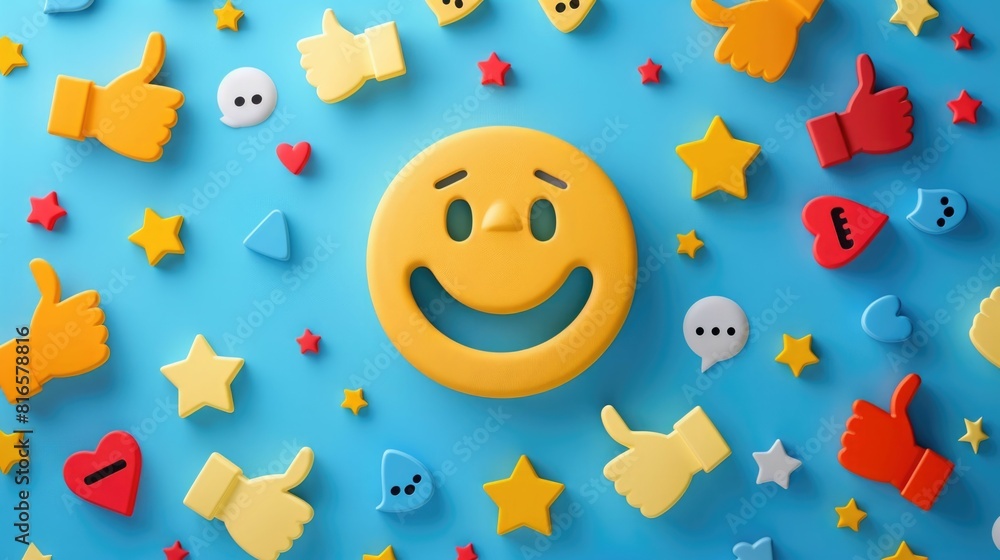 Radiant Smiley Face Surrounded by Thumbs Up Emoticons and Stars ...