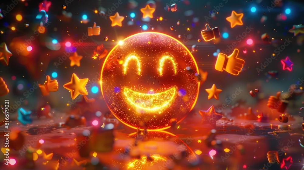 Glowing D Smiley Face with Orbiting Thumbs Up Emoticons and Stars ...
