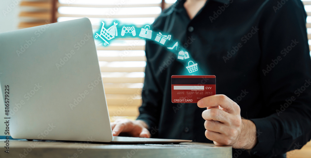 Elegant customer hold credit card with hologram interface choose online ...