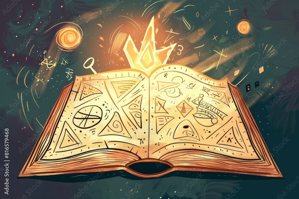 Cartoon cute doodles of a magical book with shimmering pages filled ...
