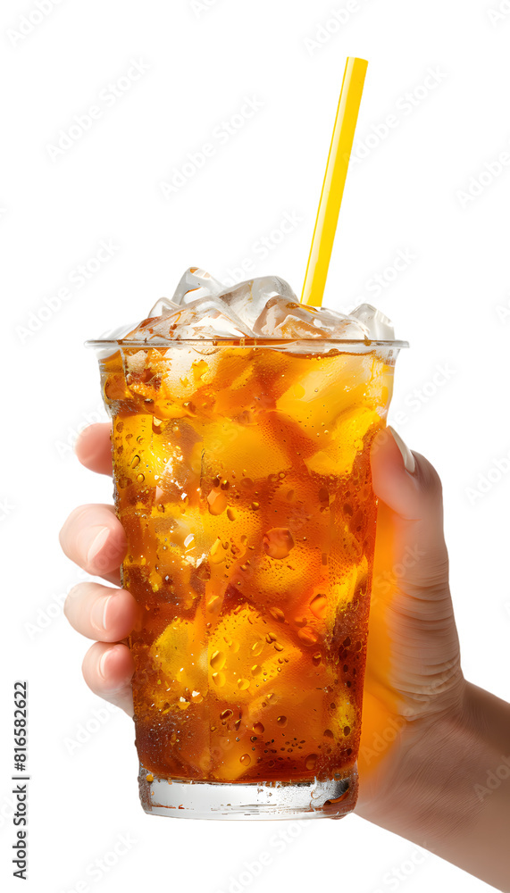 Hand holding in his hand cold drink with ice cubes with drinking straw ...