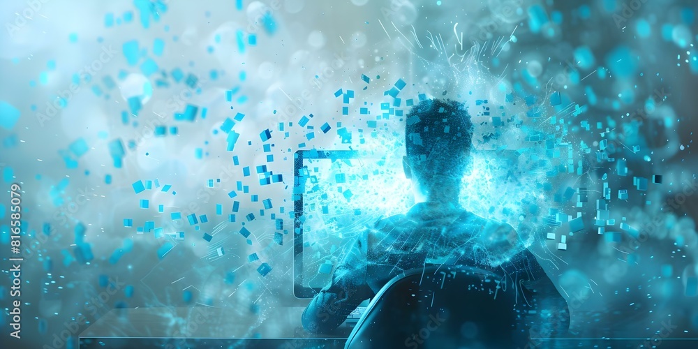 Digital image of person at computer screen data breaking apart into ...