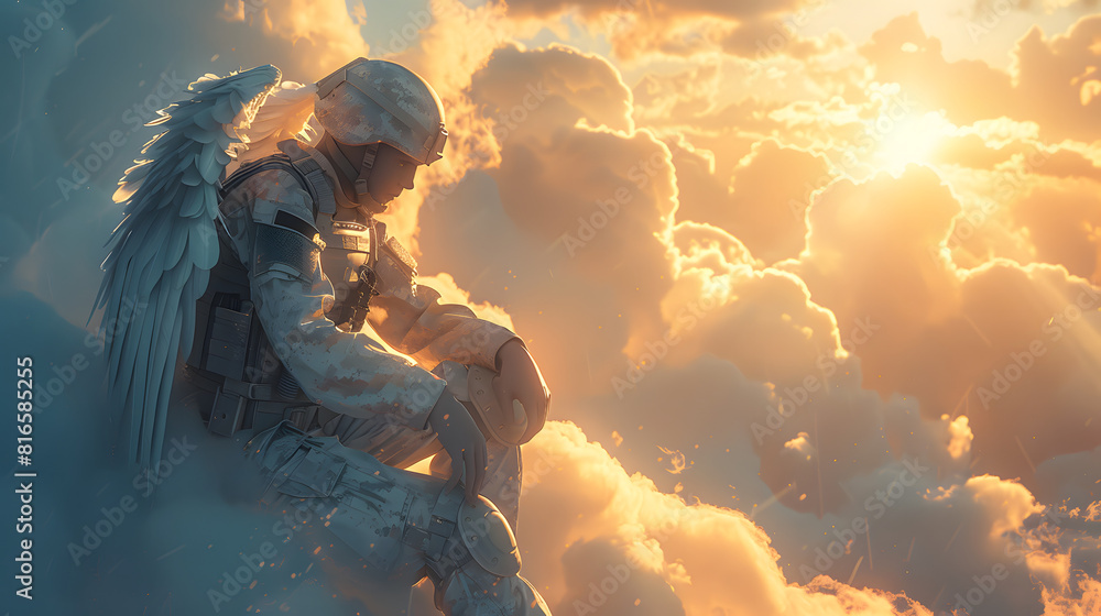 Angel in military u.s. uniform sitting sits on a cloud with a sunset ...