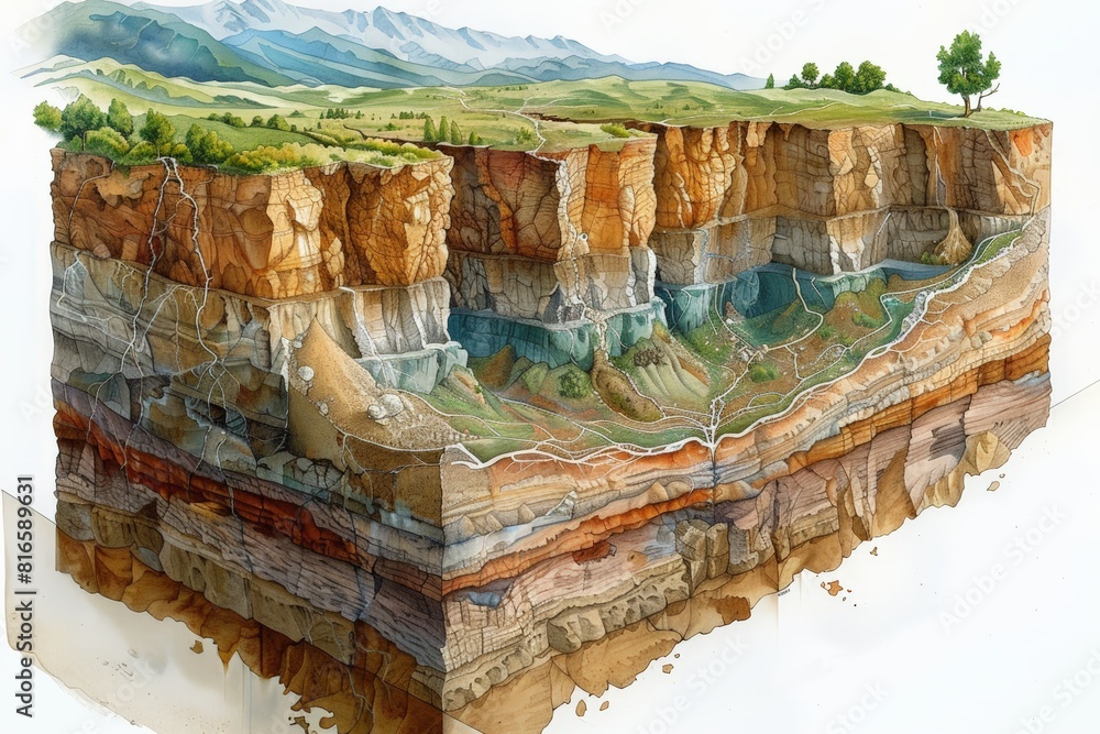 Detailed cross-section of terrain showing geological layers, soil ...