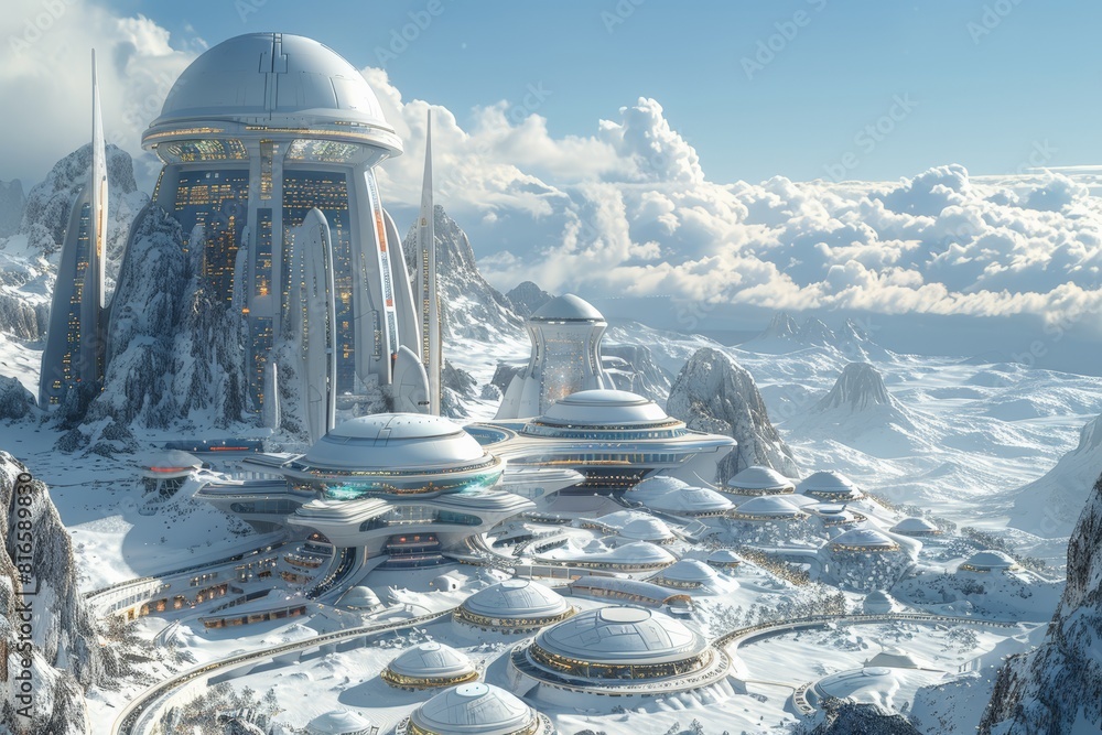 Futuristic city in a snowy landscape with dome-shaped buildings. Clear ...